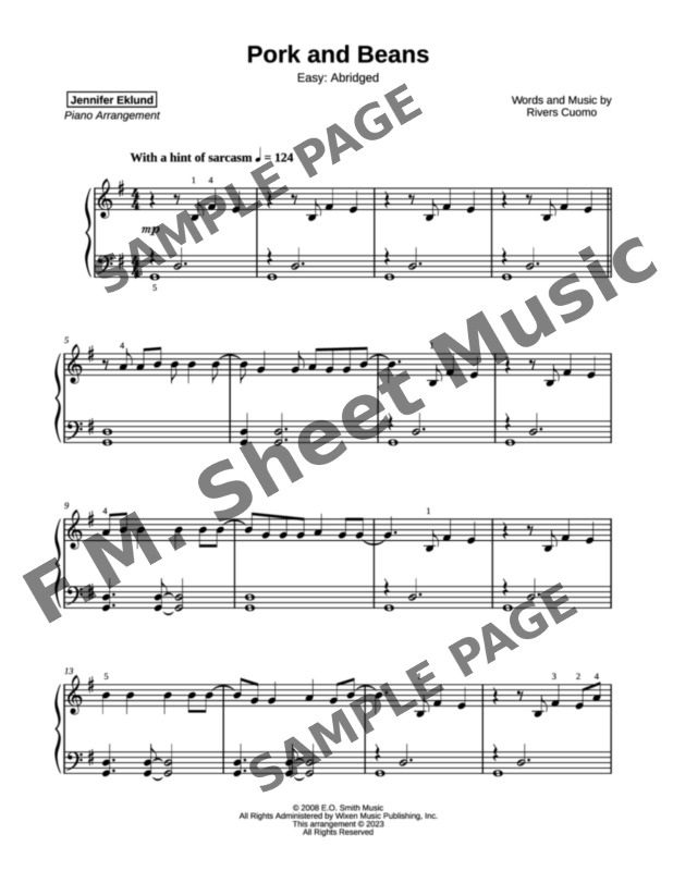 Pork and Beans (Easy Piano) By Weezer - F.M. Sheet Music - Pop Arrangements by Jennifer Eklund